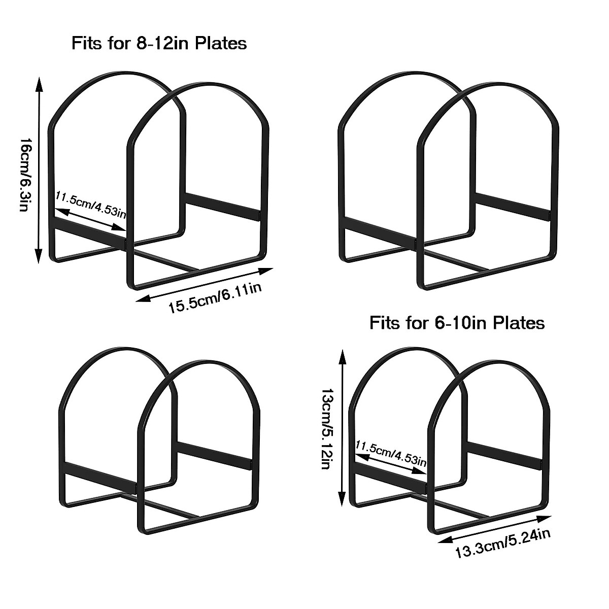 4 Pack Kitchen Plate Holder Organizer for Cabinet Space Saver Dinner Dish Plate Storage Rack Upright Dish Drying Racks Metal Plate Dish Racks Stand for Cupboard and Countertop 2 Large 2 Small Black