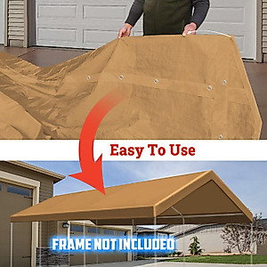 YardGrow 12x20ft Carport Canopy Replacement Cover Garage Tent Tarp Waterproof & UV Protected with Bungees, Frame Not Included (Tan)