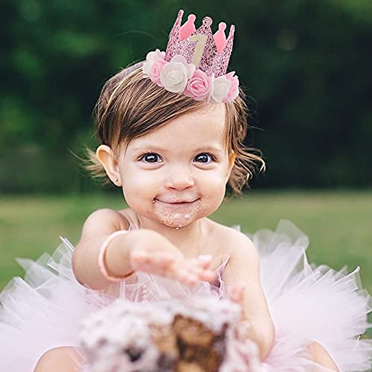 Kbrand Hat First Birthday 1st For Baby Girl Decoration Gifts Rose Gold Baby Pink Party Crown One Year Old Flowers Princess Pink 3inch