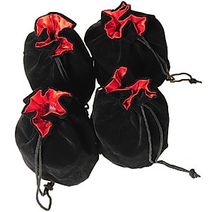 Deluxe Games and Puzzles Drawstring Dice Pouches, Black Velvet, Red Satin Lined, 3 x 5 Inches, Bundle of 4 Pouches