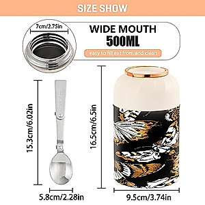 CUPADA Leopard Butterfly Food Jar for Hot and Cold, Skin Pattern Insulated Food Jars Vacuum 17OZ with Folding Spoon for Work Trip Picnic Camping