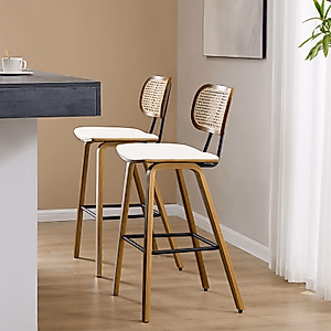 Counter Height Bar Stools Set of 2, Mid Century Modern Counter Stools, 26" Wood Kitchen Stool PU Leather Upholstered Barstool with Rattan Back, Counter Height Island Dining Bar Chair, Cream White