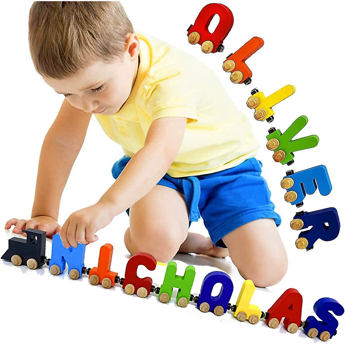 Large Handmade Name Wooden Trains Alphabet Puzzle Name Letters Educational Toys for Kids