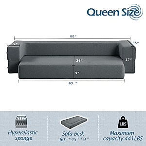 Uspobve Foldable Floor Sofa Bed for Living Room Convertible Futon Couch Sleeper Sofa Bed Cushioned Memory Foam Bed Mattress 8 inches Compact Floor Loveseat with Washable Cover (Grey)