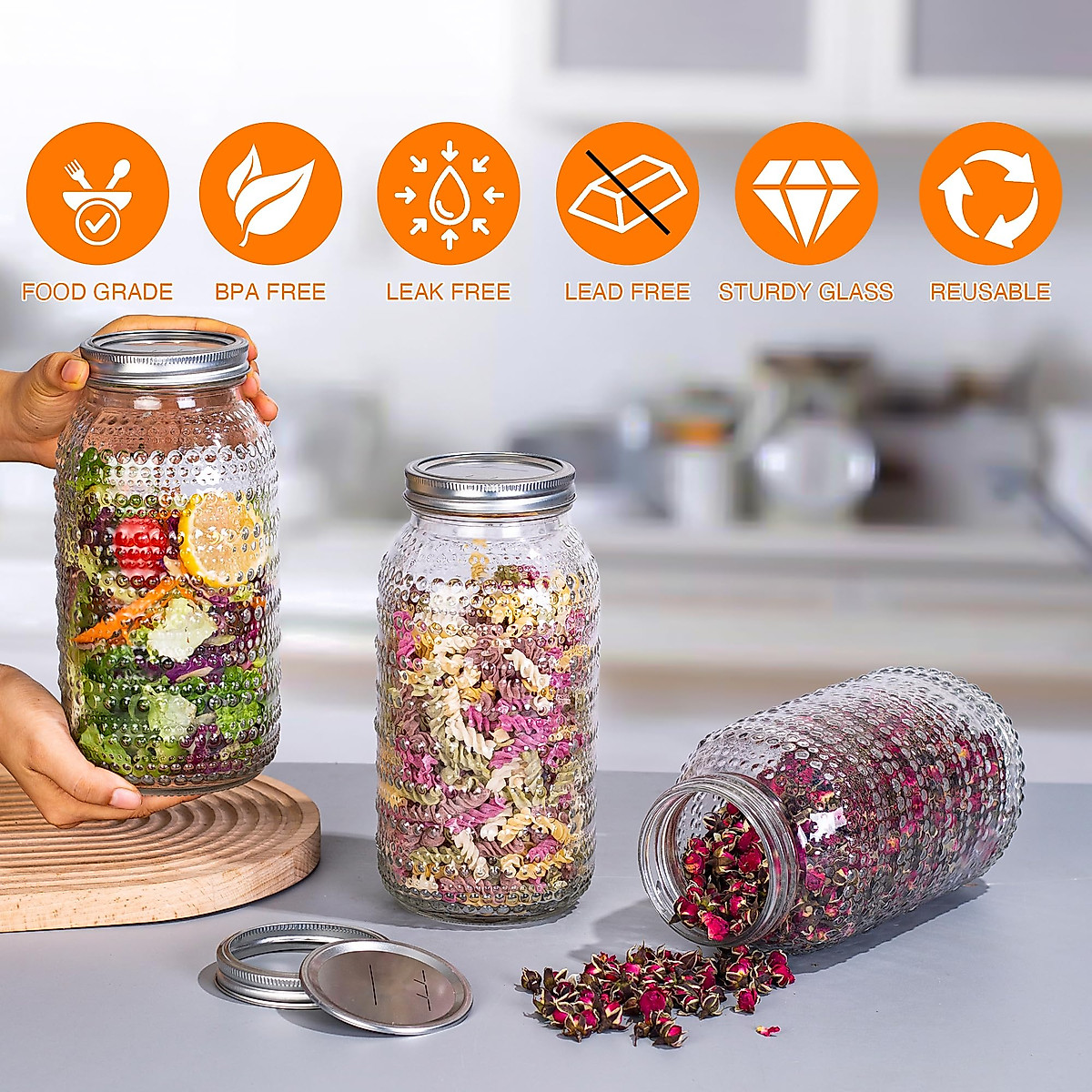 WACOI Mason Jars 64 Oz Wide Mouth with Lids 3 Pack, Large Half Gallon Glass Canning Jars for Fermenting, Pickling, Storing Food, Meal Prep, Salad Jam