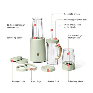 Beautiful- Personal Blender Set with 12 Pieces, 240 W, (Sage Green) by Drew Barrymore