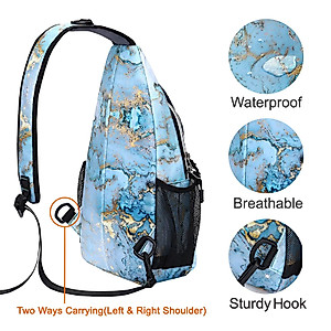 MOSISO Sling Backpack, Multipurpose Travel Hiking Daypack Watercolor Marble Rope Crossbody Shoulder Bag, Blue