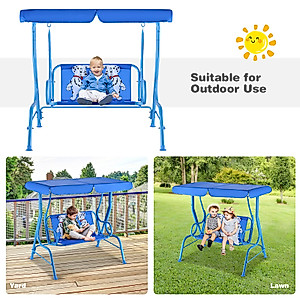 HONEY JOY Kids Patio Swing, 2-Seater Outdoor Porch Swing Lounge Chair W/Canopy & Safety Belt, All Weather Resistant Waterproof Hanging Swing Bench for Patio Garden Poolside Balcony(Blue Puppy)