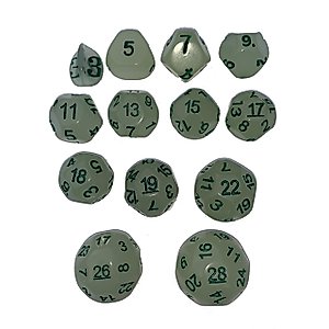 Impact! Miniatures Glow in The Dark - Weird RPG Poly Dice Set - D3, D5, D7, D9, D11, D13, D15, D17, D18, D19, D22, D26 & D28