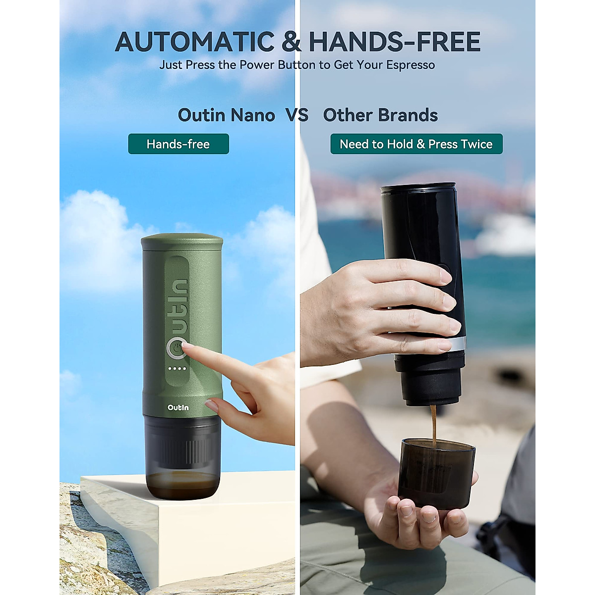 Outin Nano Portable Electric Espresso Machine with 3-4 Min Self-Heating, 20 Bar Mini Small 12V 24V Car Coffee Maker, Compatible with NS Capsule & Ground Coffee for Camping, Travel, RV, Hiking, Office