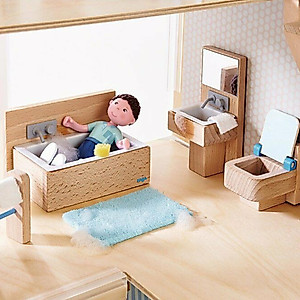 HABA Little Friends Bathroom Set - Wooden Dollhouse Furniture for 4" Bendy Dolls