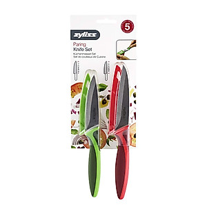 Zyliss Classic Paring Knife Set with Sheath Cover - Precision Knife for Cutting, Slicing & Peeling - Small Culinary 3 ¼” Paring Knife & 3 ¾” Serrated Knife - Carbon Stainless Steel Blade - Red/Green