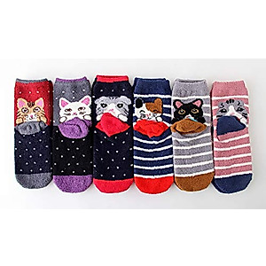 MarJunSep Fuzzy Socks for Women Big Kids Cute Fun Cat Dog Owl Fluffy Cozy Animal Slipper Socks Stocking Stuffers Gifts (6 pairs cat)