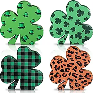 4 Pieces St Patricks Day Table Wooden Signs Shamrock Wooden Signs St. Patrick Table Decorations Irish Lucky Table Centerpiece for Home Fireplace Tiered Tray Decor (Cool Style)