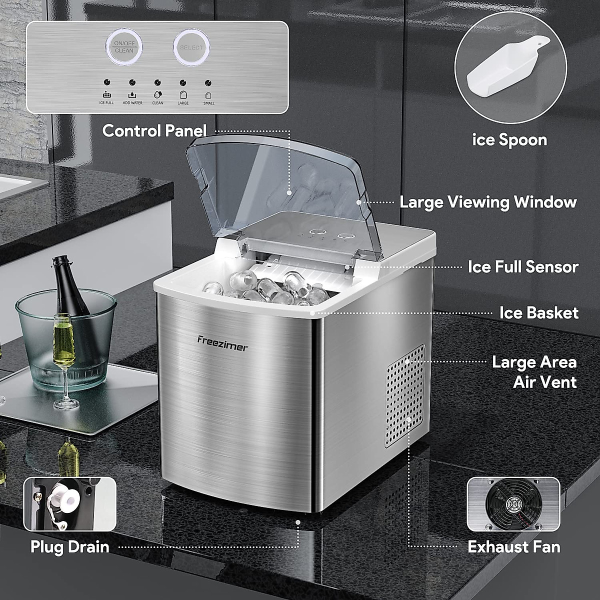 Ice Maker Machine for Countertop, Freezimer 33 lbs/24Hrs, 9 Cubes Ready in 6 Mins Self-Cleaning Electric Ice Machine with Ice Scoop and Basket for Home Kitchen Bar Party - Silver