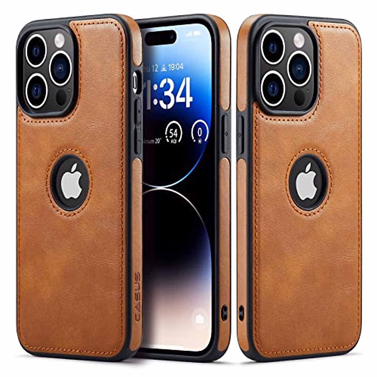 Casus Designed for iPhone 14 Pro Max Case Vegan Leather Slim Logo View Classic Luxury Elegant Thin Protective Cover (2022) 6.7" - Golden Brown