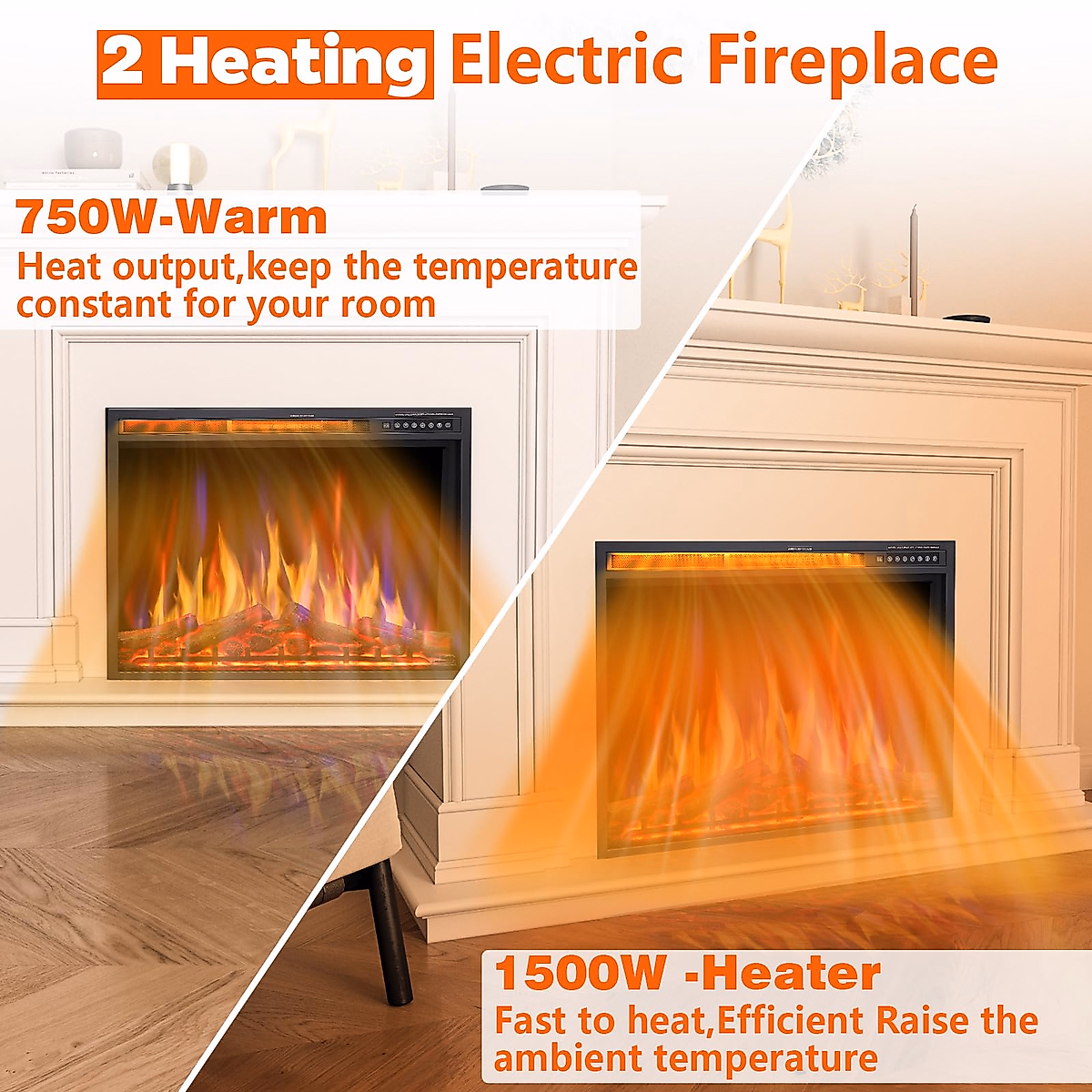 Joy Pebble 34 Inch Electric Fireplace Insert,750W/1500W Recessed Electric Fireplace Heater,Adjustable 5 Flame Color & 5 Burning logs Color,Electric Fireplace with Remote Control&Overheat Protection