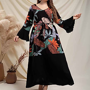 Dresses for Women 2023 Sexy Ladies Plus Size Ruffle Long Sleeve V Neck Floral Leaf Print Elastic Waist Drawstring Belt A