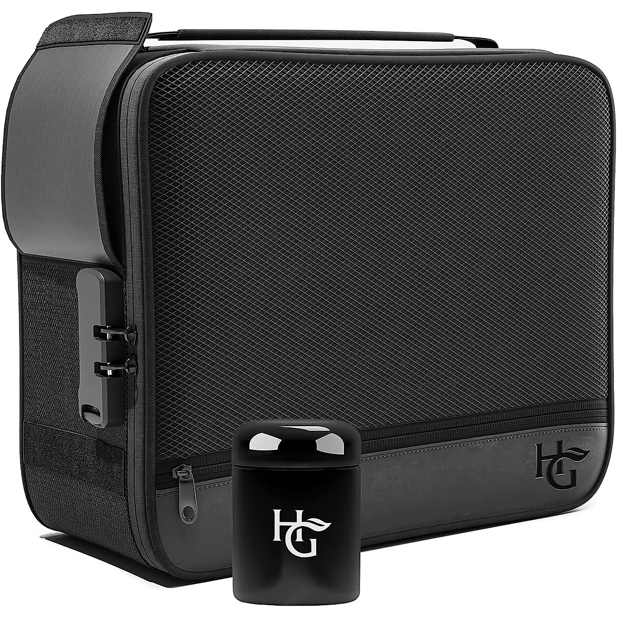 Herb Guard XL Smell Proof Bag & Stash Box with Combo Lock (Case Holds Up to 5 Ounces) - Includes YKK Zippers, 250ml / Half oz Smell Proof Jar, Built in Tray & Travel Bags (Black)