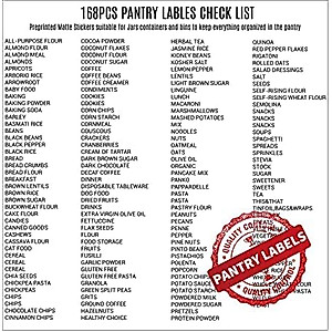 v2croft 168 Pantry Labels for Food Containers, Minimalist Black Matte Stickers White Fine Line Text,Preprinted Waterproof Label for Glass Jars, Bottles & Canisters,Pantry Organization Storage