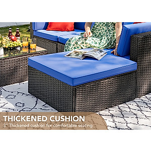 Devoko 5 Pieces Patio Furniture Sets All Weathevr Outdoor Sectional Patio Sofa Manual Weaving Wicker Rattan Patio Seating Sofas with Cushion and Glass Table (Navy Blue)