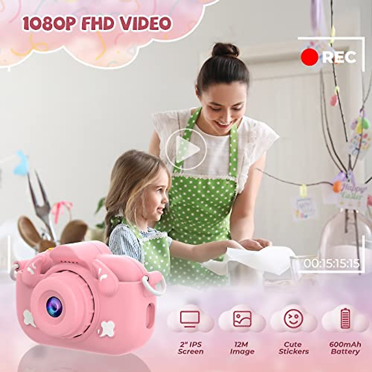 Kids Digital Camera, 1080P HD Digital Video Cameras for Girls Age 3-9, Perfect Christmas Birthday Gift Portable Camera for 3 4 5 6 7 8 9 Year Old with 32GB SD Card