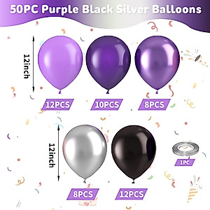 Purple Black Silver Balloons, Purple and Black Balloons, Metallic Purple Silver Balloons for Birthday Baby Shower Halloween Theme Party Wedding Graduation Bridal Shower Bachelorette Decorations