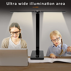 Smaeti LED Home Office Dimmable Desk Light with USB Charging Port, 5 Color Modes with 6 Brightness Levels,Auto Timer, Eye-Caring Desk Lamp for Dorm Study Reading