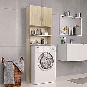 FAMIROSA Washing Machine Shelf, Washer Dryer Storage Shelf, Toilet Bathroom Cabinet Above with 2 Doors and 2 Open compartments 25.2"x10"x74.8"Sonoma Oak