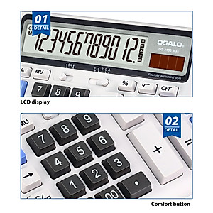 Desktop Calculator Extra Large LCD Display 12-Digit Big Number Accounting Calculator with Giant Response Button, Battery & Solar Powered, Perfect for Office Business Home Daily Use(OS-2135)