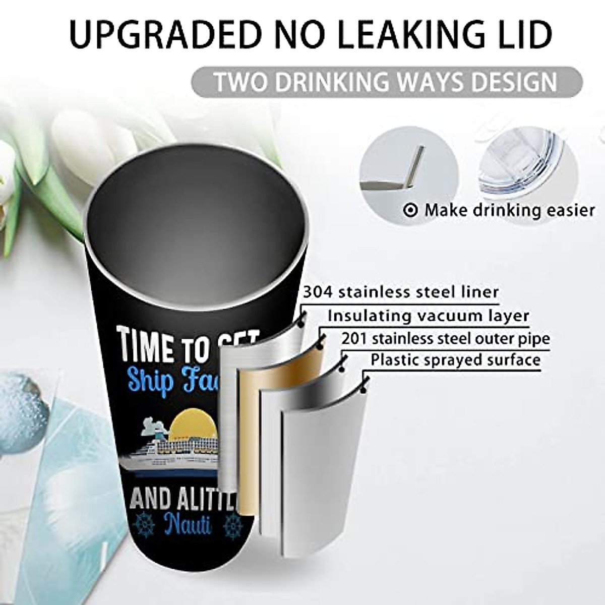 20 oz Water Bottles Cruising Coffee Mugs, Time To Get Ship Faced And A Little Nauti Stainless Steel Water Bottles with Straw Coffee Travel Mug 20 oz