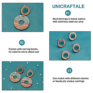 UNICRAFTALE 20pcs Tan Ring Walnut Wood Stud Earrings with 30pcs Plastic Ear Nuts Stud Earring Findings with Stainless Steel Pin Ear Studs with Hole for DIY Earring Jewellery Making