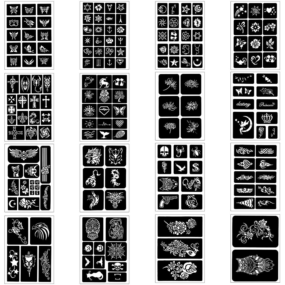 Qpout Tattoo Stencils For Kids Adults, 16 Sheets Henna Tattoo Stencil Kit, Small and Big Tattoo Stencils Designs, Tattoo Stencils for Real Tattoos, Skeleton Spider Owl Flower Butterfly Tribal Totem