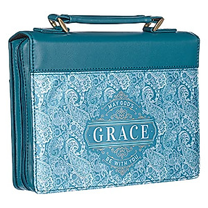 Christian Art Gifts Teal Vegan Leather Fashion Bible Cover for Women: God's Grace Be with You - Inspirational Book Carry Case w/Cute Paisley Pattern, Silver Zipper, Pockets & Pen Storage, Large
