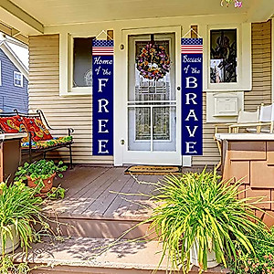 4th of July Patriotic Decorations Porch Sign Banners, Home of the Free Because of the Brave Hanging Flag Decor with Stars and Stripes for Memorial Independence Veterans Day Yard Indoor Outdoor