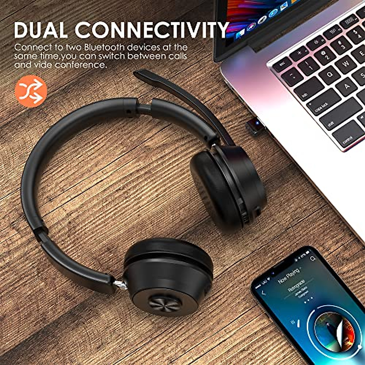Bluetooth Headset V5.1, Wireless Headset with Noise Canceling Microphone, 40 Hrs Work Time Office Headset with Bluetooth Dongle & Charging Base, AptX HD On-Ear Headphones with Mute Button