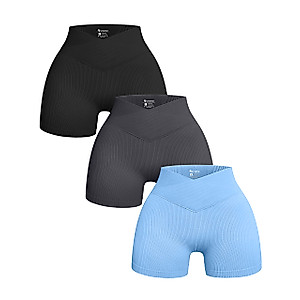 OQQ Women's 3 Piece Yoga Shorts Ribbed Seamless Workout High Waist Cross Over Athletic Leggings Black Grey Candyblue