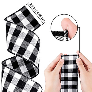 Whaline 2 Rolls Wired Edge Plaid Ribbon Christmas Buffalo Check Ribbon White Black Plaid Ribbon 2.5" Wide Farmhouse Craft Ribbon for DIY Gift Wrapping Wreath Xmas Tree Bow Decoration, 10 Yard