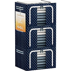 Furnhome Clothes Storage Organizer Bins Containers , Foldable Stackable Storage Bins-Oxford Cloth Steel Frame Storage Box for Clothing Storage with Foldable Clear Window & Reinforced Handles (Navy Dots, 66L, 3PCS)…