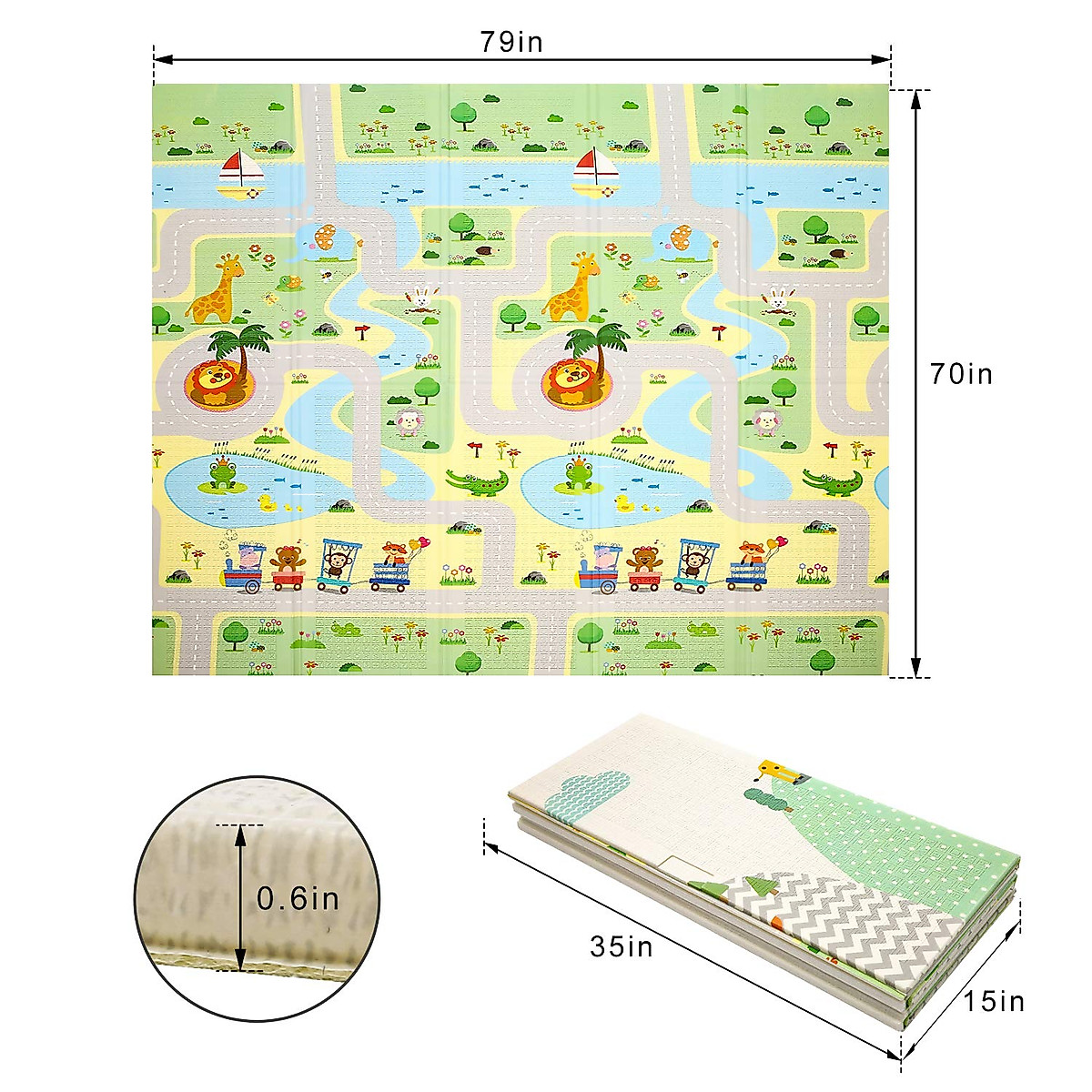 Baby Play Mat Extra Large Baby Mat Folding Foam Playmat Kids Crawling Mat Reversible Non Toxic Waterproof for Infants Toddlers Thicker 0.6inch (Green 0.6in)