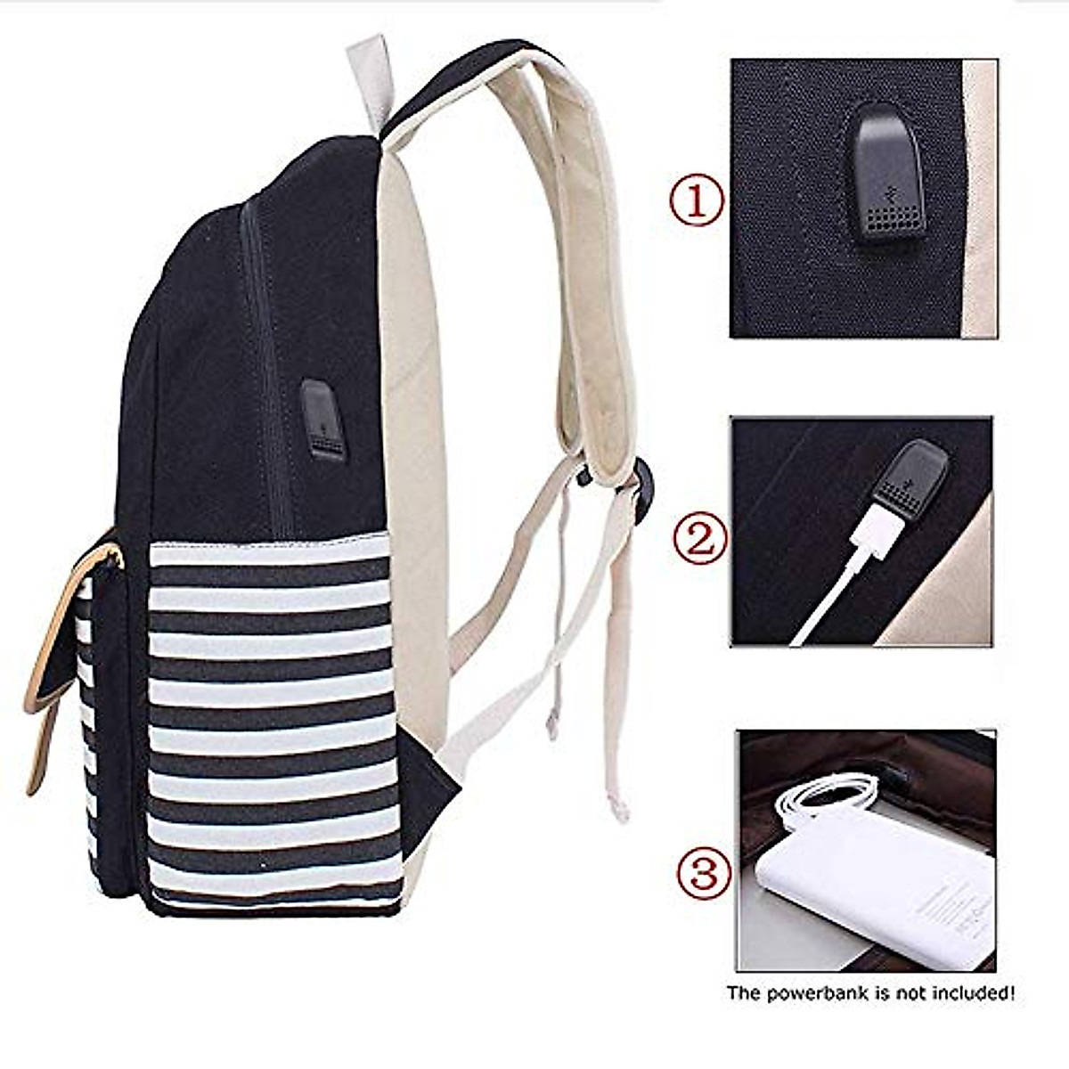 EZYCOK School Backpack for Teen Girls Women with USB Charging Port, Lightweight Canvas Backpack College Bookbag with Lunch Bag and Pencil Case, Black