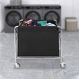 Industrial Rolling Laundry Cart, Commercial Stainless Steel Frame Laundry Cart with Wheels, Foldable Rolling Laundry Hamper with Waterproof Oxford Cloth (Black)
