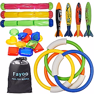 Fayoo 23 Pack Underwater Swimming/Diving Pool Toys Diving Rings(4 Pcs), Toypedo Bandits(4 Pcs), Diving Sticks(3 Pcs) with Under Water Treasures (12 Pcs) Gift Set Bundle