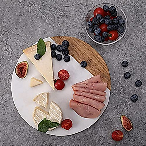 Flexzion Round Marble Cheese Board - 11 Inch White Marble and Wood Cheese Board for Charcuterie, Cheese, Cutting, Pastry, Trivet - Non-Stick and Heat Resistant Marble Board