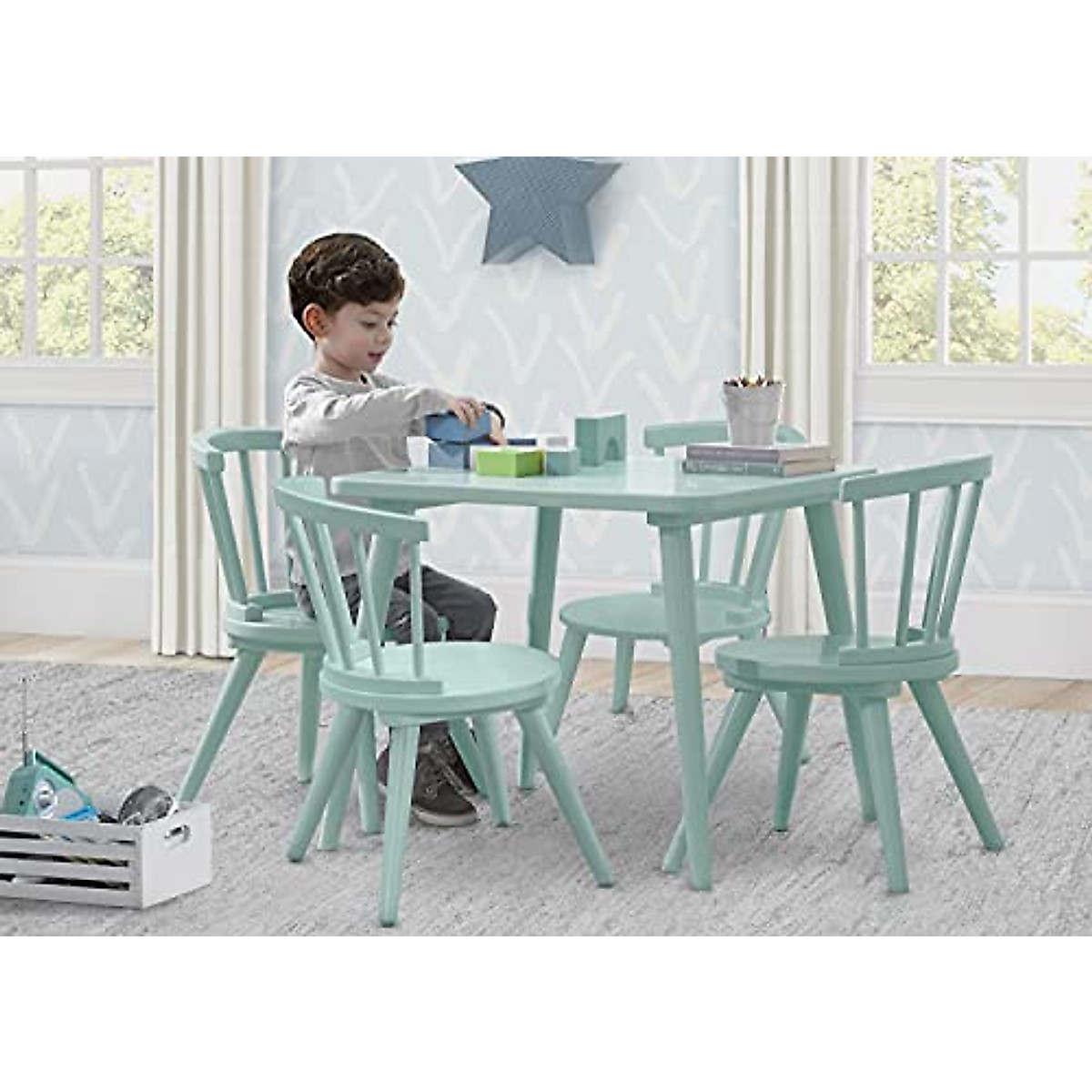 Delta Children Windsor Kids Wood Table and Chair Set (4 Chairs Included) - Ideal for Arts & Crafts, Snack Time, Homeschooling, Homework & More, Aqua