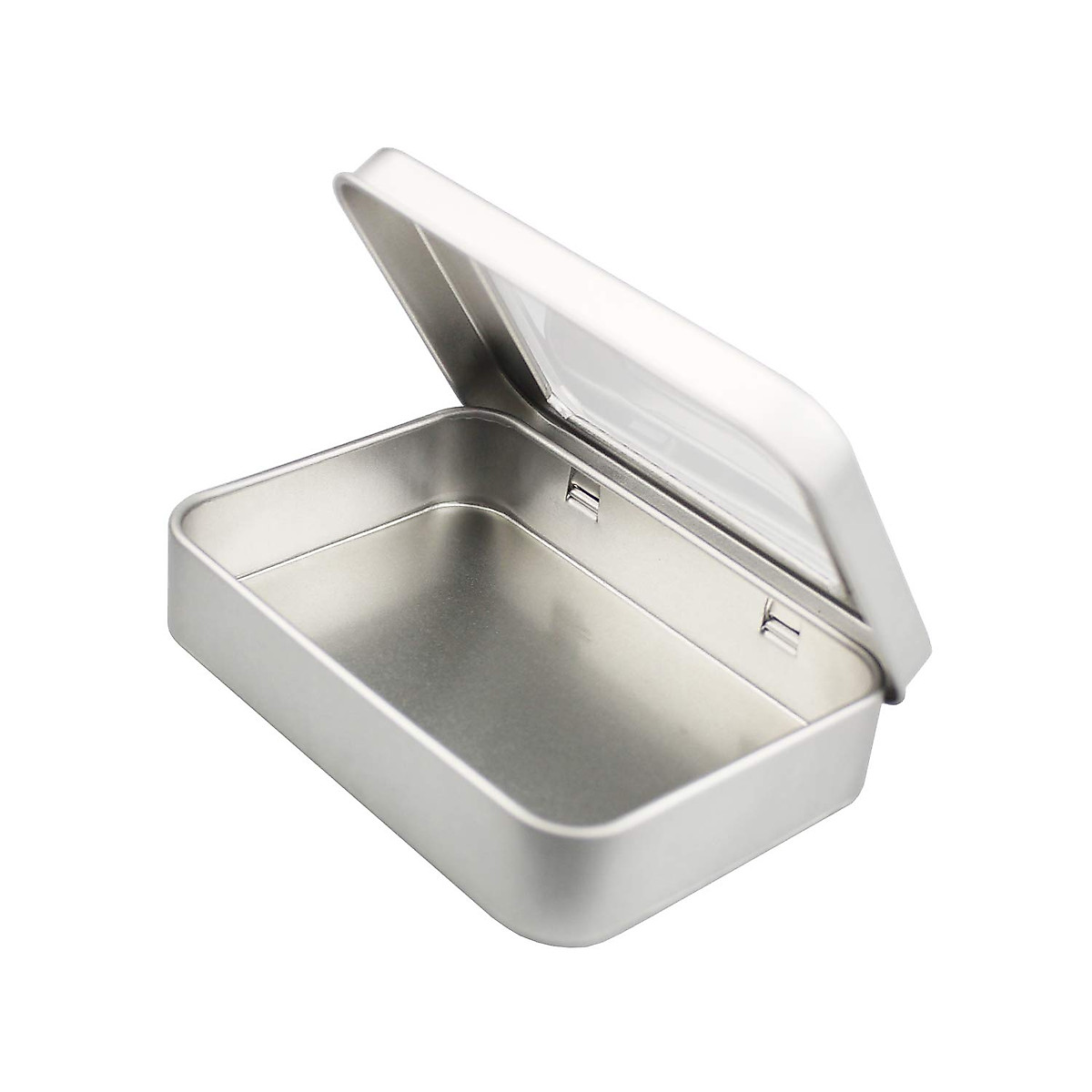 12 Pack Empty Rectangular Metal Storage Organizer Tins with Clear Window Hinged Lids for Candies, Gifts & Treasures (Silver)