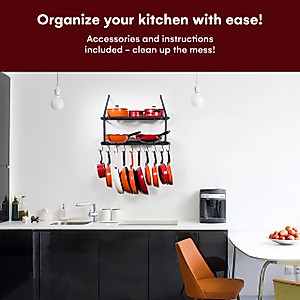 Vdomus Hanging Pot and Pan Organizer - Rustproof Wall Mounted Pot Rack for Kitchen Storage - Durable, Thick Iron Material - 2-Tier Pot Shelf with 10 Hooks for Utensils - Wall Mounted Black Pot Rack