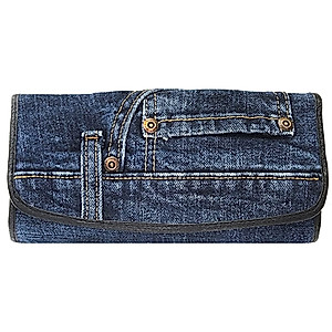 Up-cycling Blue Denim Tri-fold Large Capacity Long Wallet Wristlet Purse Clutch for Women (Dark)