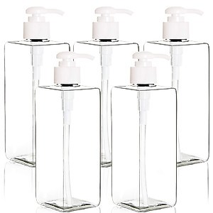 Youngever 5 Pack 16 Ounce Plastic Pump Bottles, Refillable Square Plastic Pump Bottles for Dispensing Lotions, Shampoos and More (Clear)