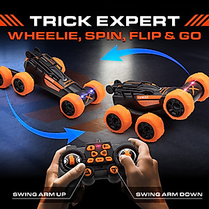 Force1 Atomic X Remote Control Car for Kids - 6 Wheeled RC Stunt Car Toy LED Double Sided 360 Flips Rotating RC Crawler Wheels, 2.4 GHZ Remote Control Indoor Outdoor Toy for Boys/Girls (Orange/Black)